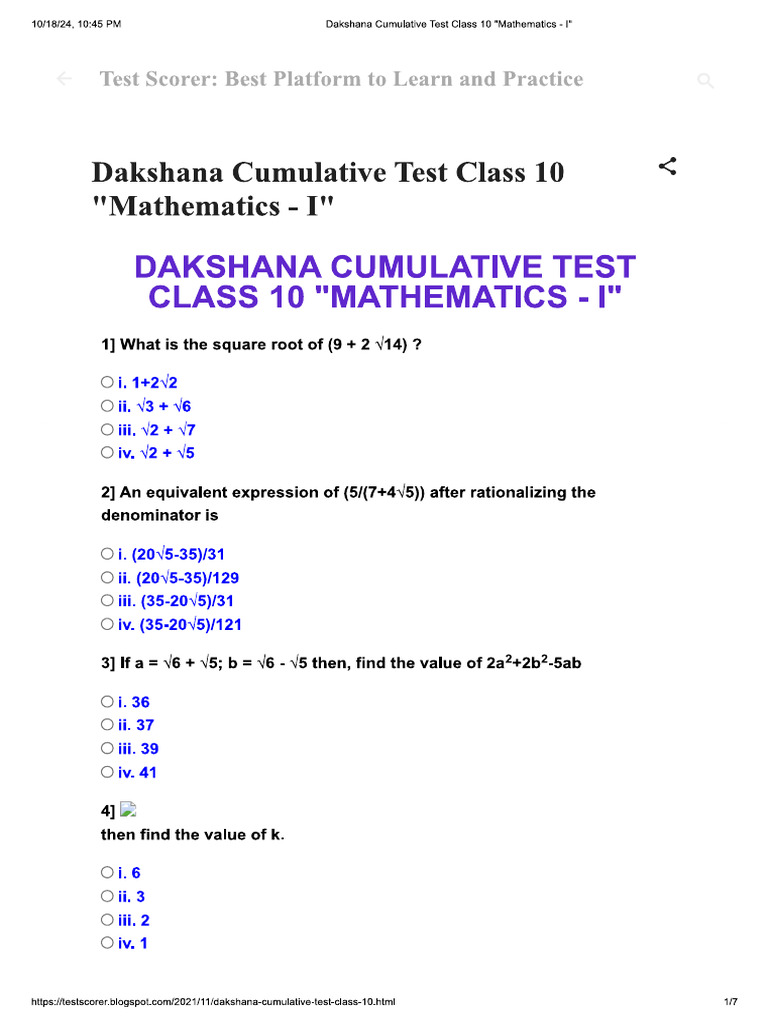 Cumulative Mathematics - I | PDF