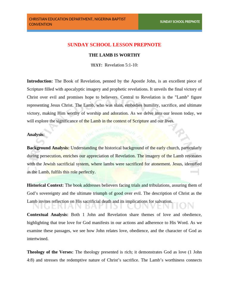 Sunday School Lesson Prepnote | PDF | Lamb Of God | Jesus