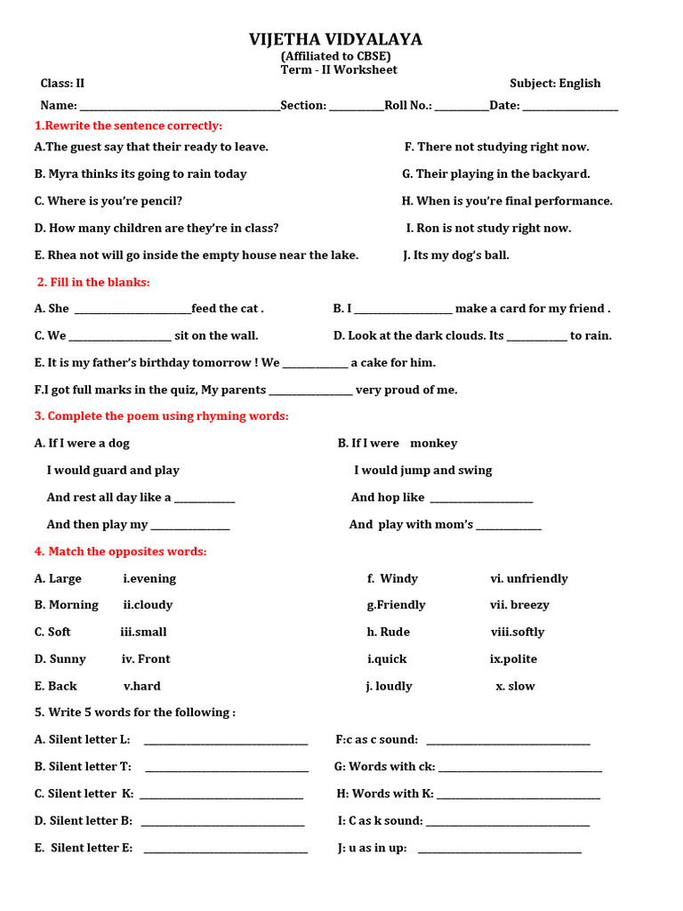 Class 2 Term 2 Worksheet 2025 | PDF