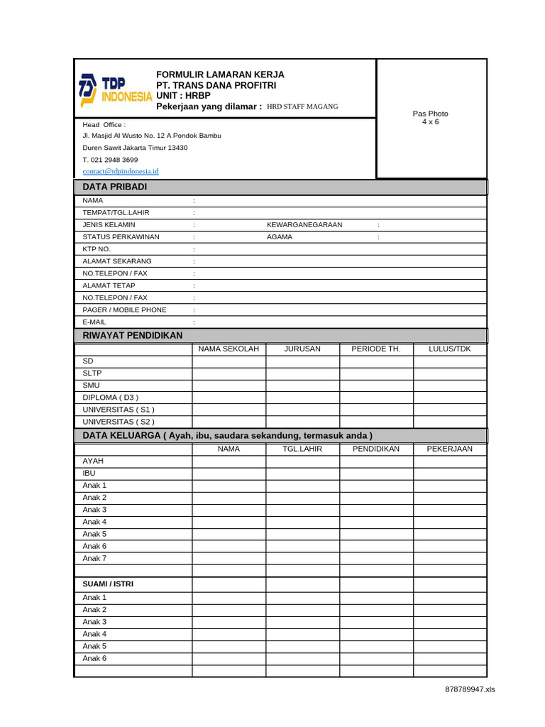 Formulir Lamaran Kerja HRD Staff | PDF