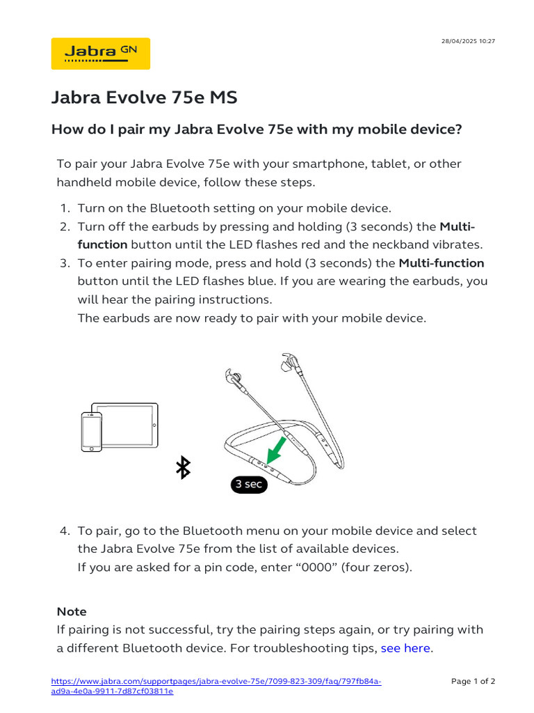How Do I Pair My Jabra Evolve 75e With My Mobile Device | PDF