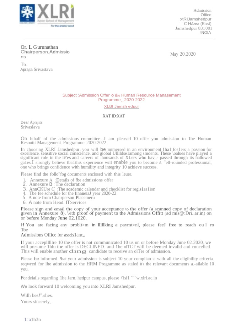 XLRI Admission Letter Censored | PDF