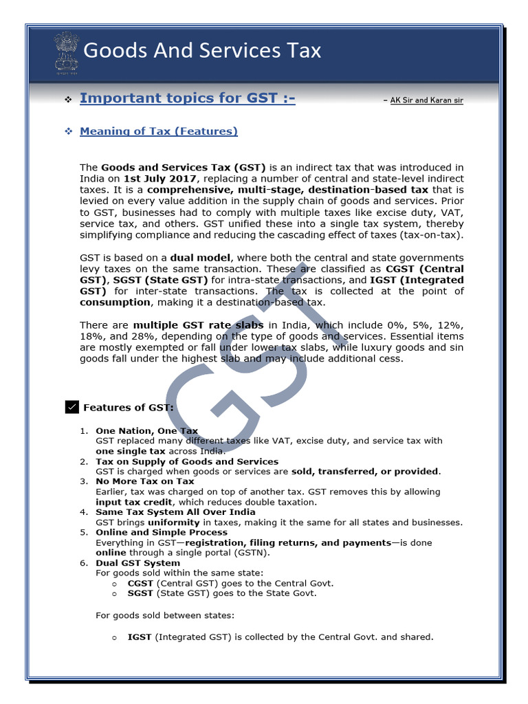 Key Topics in Goods and Services Tax | PDF | Supply (Economics) | Taxes