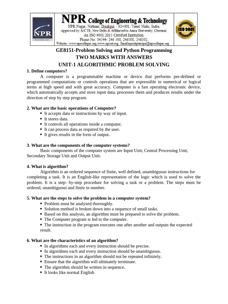 Ge8151-Pspp-Unit-I Two Marks | PDF | Algorithms | Programming