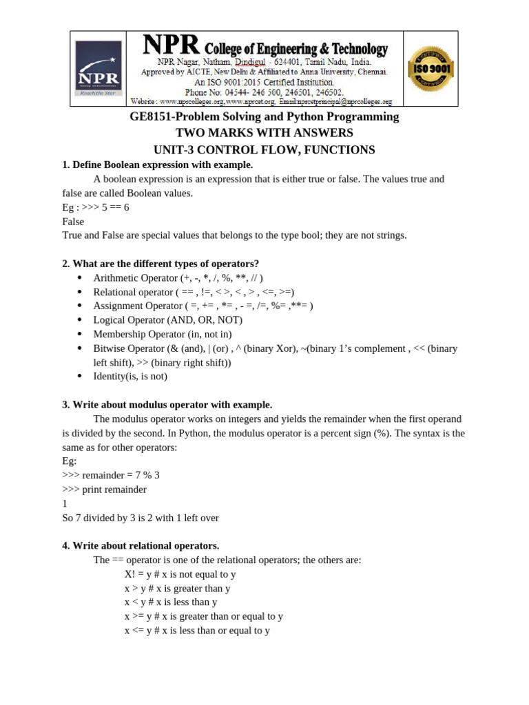 GE8151-PSPP-UNIT-III TWO MARKS | PDF | Boolean Data Type | Control Flow GE8151-PSPP-UNIT-III TWO MARKS | PDF | Boolean Data Type | Control Flow