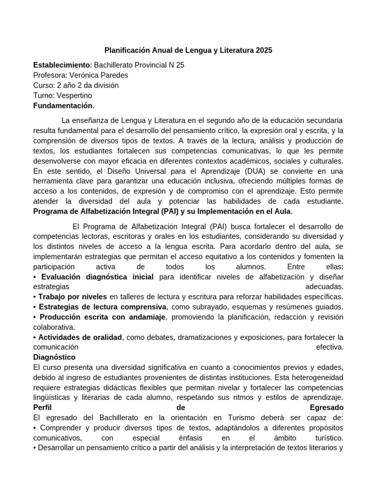 Planificación 2do 2da Bachi 25 2025 | PDF | Literatura | Comunicación