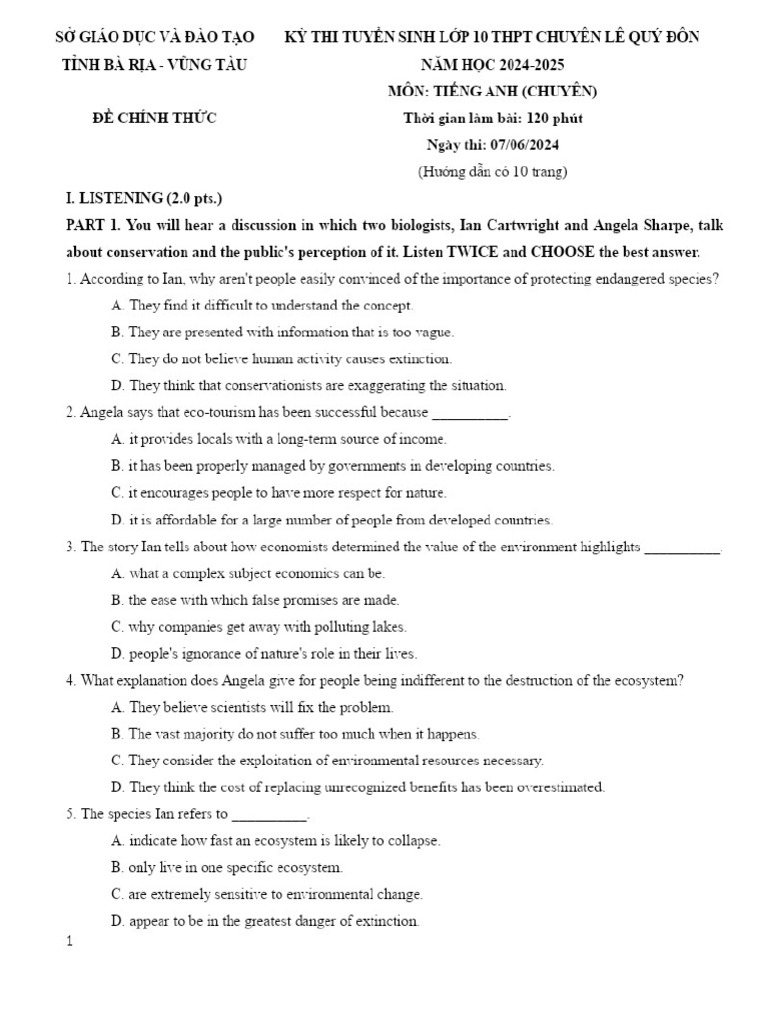 De Thi Chuyen Anh Ba Ria Vung Tau 20242025docx - 1600 - PDF - Gdrive.vip | PDF