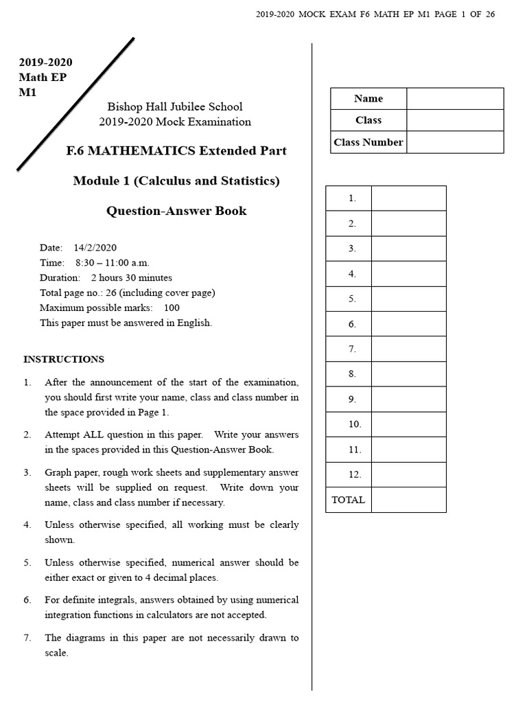 2019-2020 Mock Exam F6 Maths M1 | PDF | Mathematics | Integral