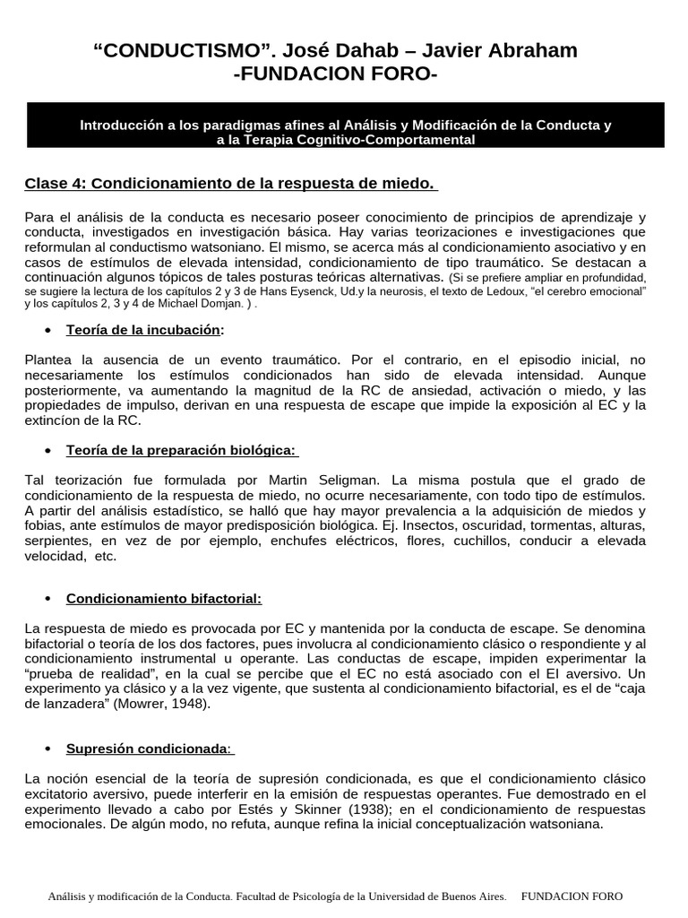 Clase 4 FORO Hoja de Ruta y Ejercicios. Condicionamiento Del Miedo ...