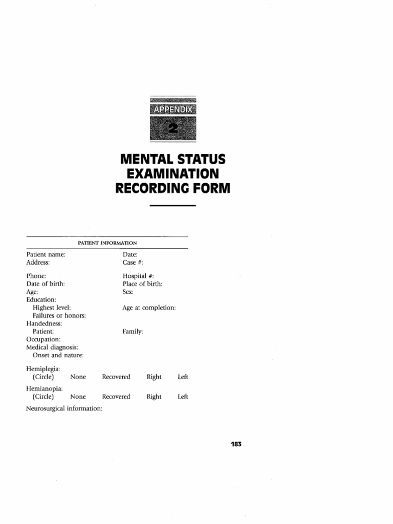CNS Mental Status Examination Form | PDF | Memory | Recall (Memory)