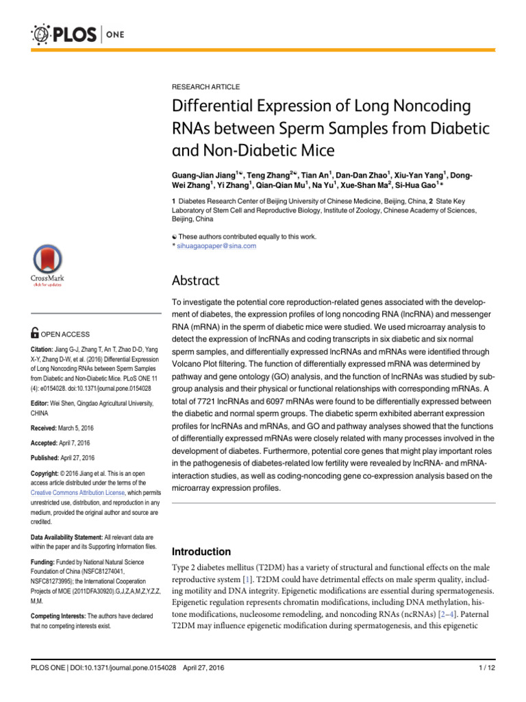 Differential Expression of Long Noncoding RNAs Between Sperm Samples From Diabetic and Non ...