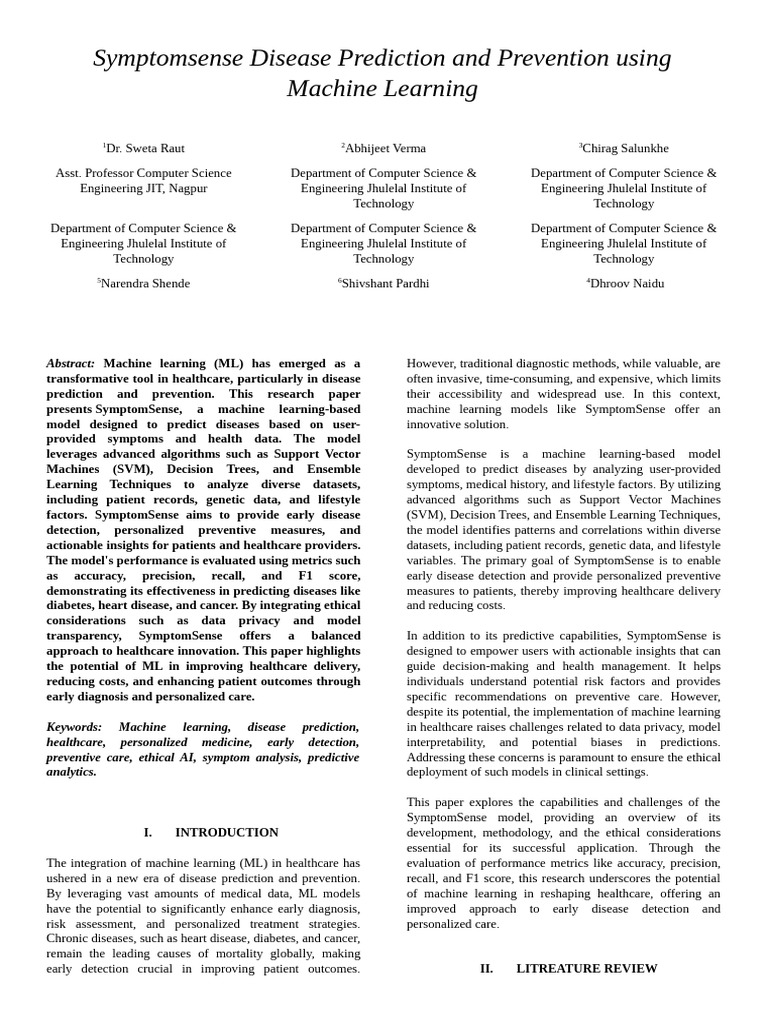 Symptomsense: Disease Prediction and Prevention Using Machine Learning ...
