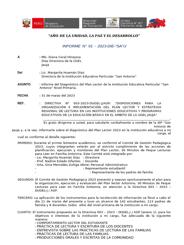 Informe Del Diagnóstico Plan Lector de Ie A Ugel 2023 | PDF | Aprendizaje | Comunicación escrita