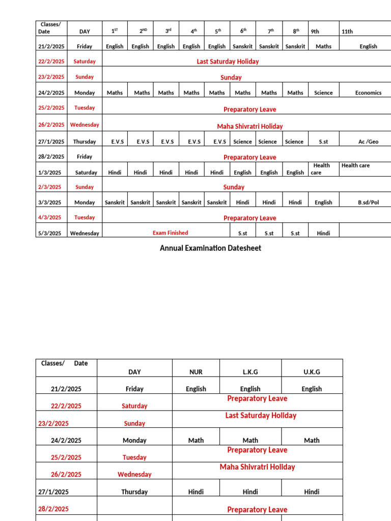 Annual Examination Datesheet | PDF