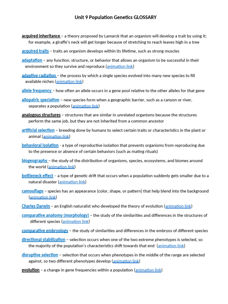 Unit 9 Population Genetics GLOSSARY | PDF | Evolution | Natural Selection