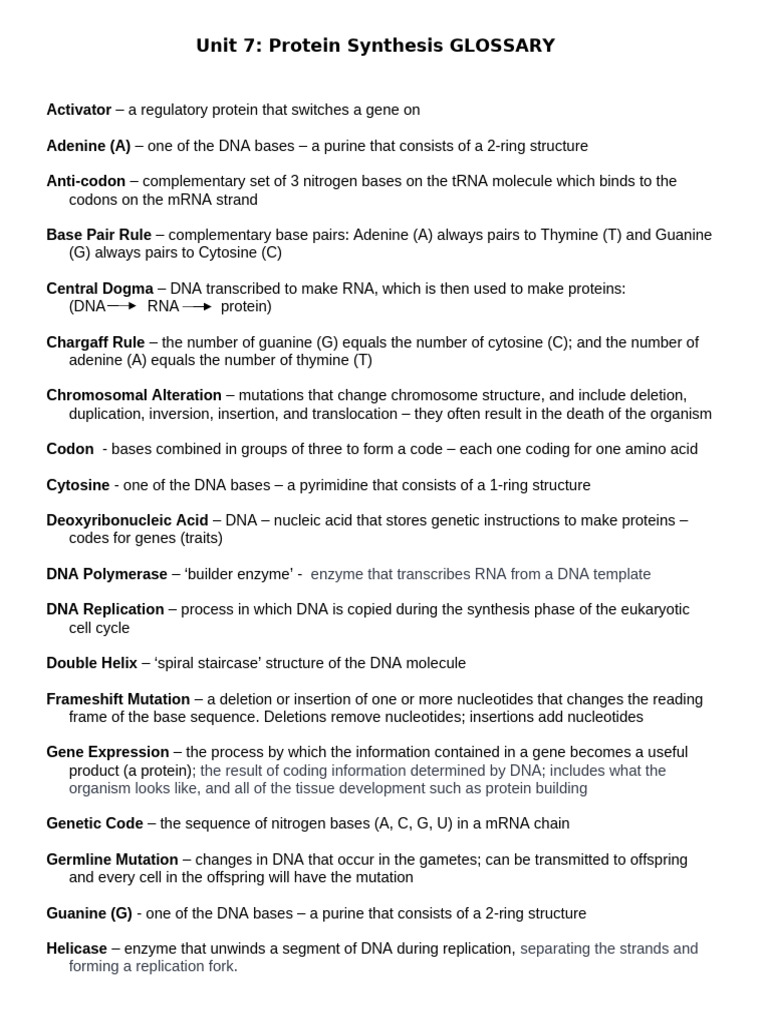 Unit 7 Protein Synthesis Glossary | PDF | Dna | Rna