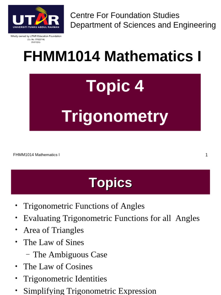 FHMM1014 Topic 4 Trigonometry S | PDF | Trigonometric Functions ...