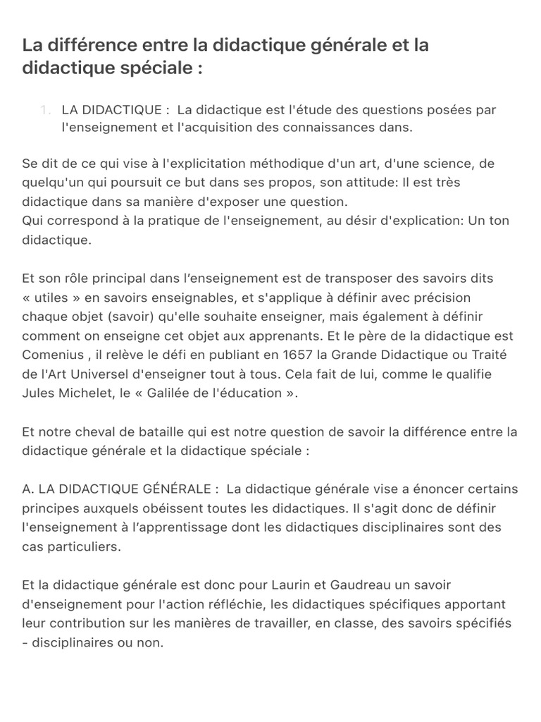 Différence entre didactique générale et spéciale | PDF | Enseignement ...