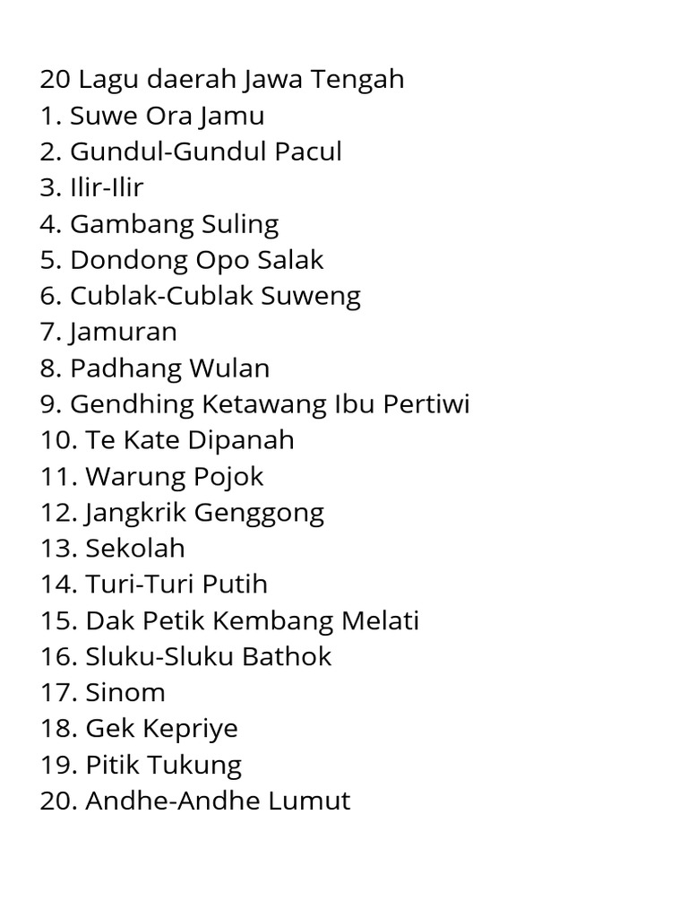 20 Lagu Daerah Jawa Tengah Paling Populer Dan Familiar. Pages 1 - 14 Daftar Isi 1. Suwe Ora Jamu ...