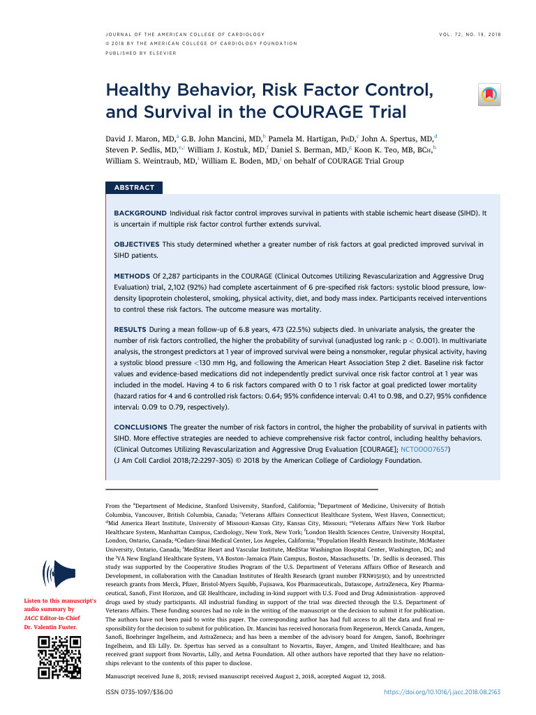 Healthy Behavior Risk Factor Control and Survival in The Courage Trial ...