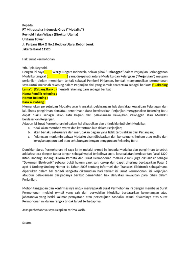 Surat Permohonan Perubahan Rekening | PDF