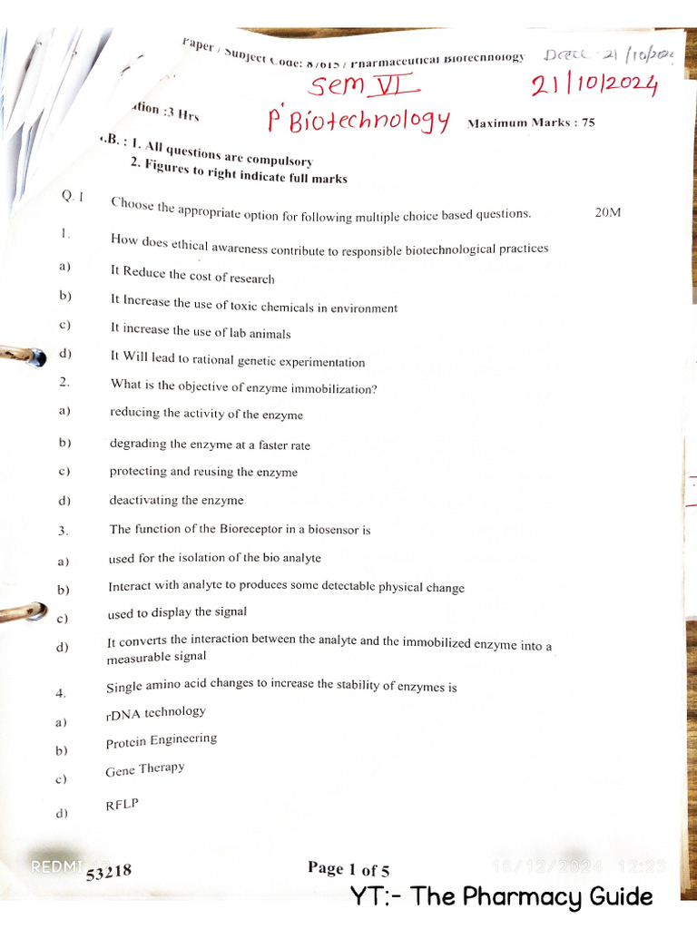 Biotechnology Sem6 PYQS | PDF