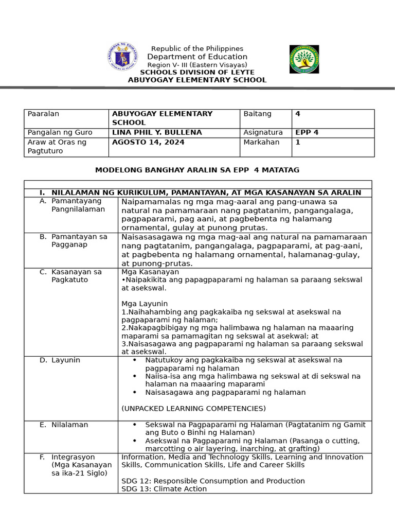 Q1-LESSON PLAN IN EPP 4 | PDF
