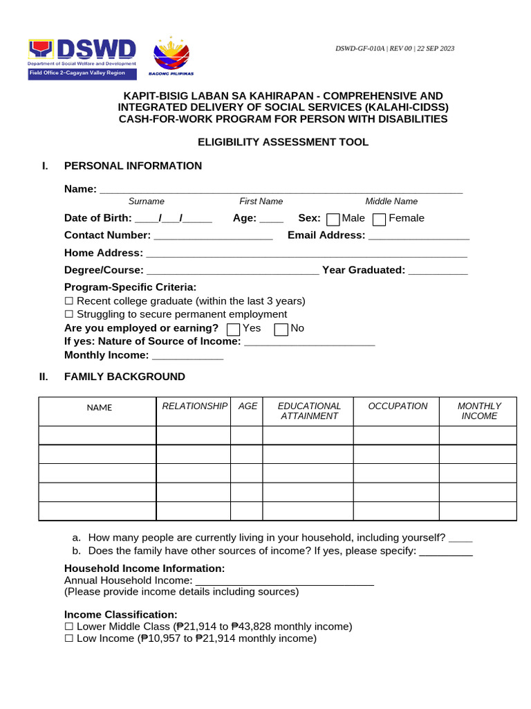 CFW-ELIGIBILITY-ASSESSMENT-TOOL-PWD | PDF | Income | Economies