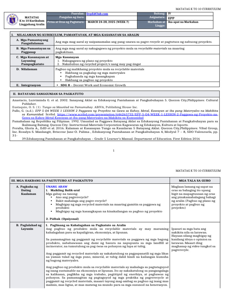 Dll Matatag _epp 4 q4 w7 | PDF
