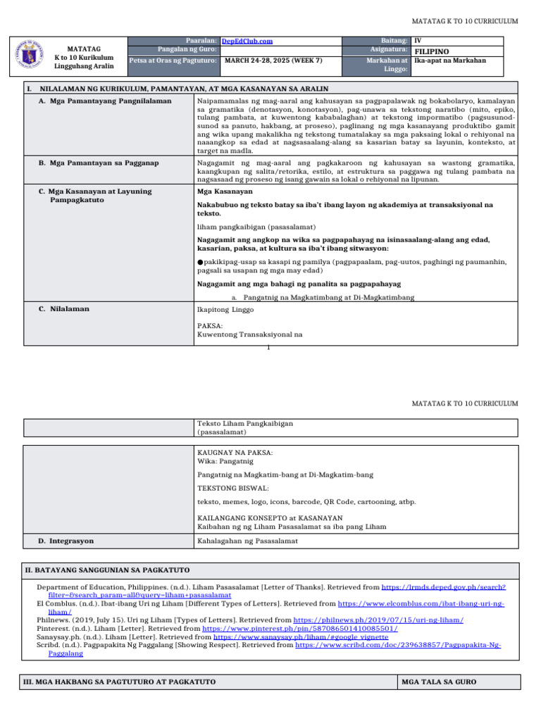 DLL Matatag - Filipino 4 q4 w7 | PDF