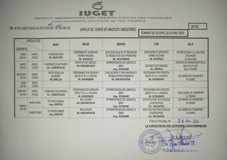 EMPLOI DE TEMPS MASTER PRO 1 DU 28 AVRIL Au 03 MAI 2025 | PDF