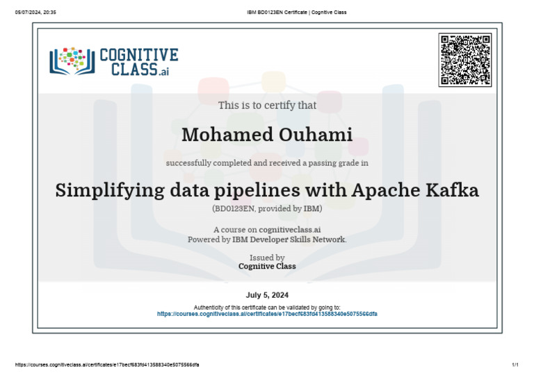 Mohamed Ouhami Simplifying Data Pipelines With Apache Kafka: This Is To Certify That | PDF