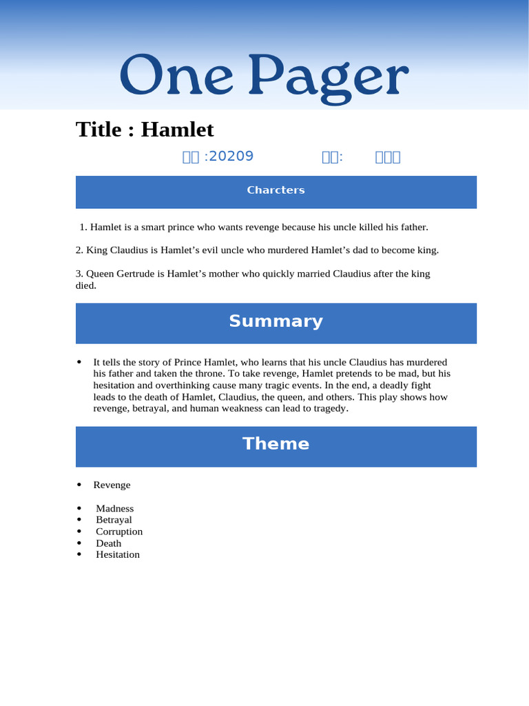 Hamlet Summary in One Paper Form | PDF