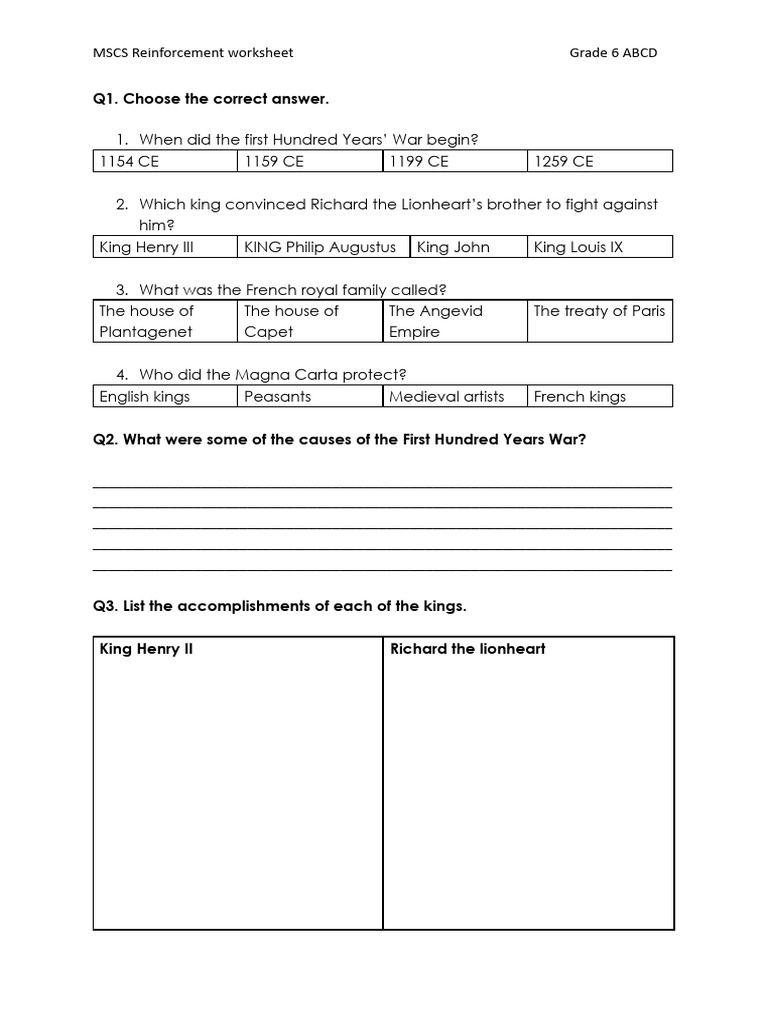 Q1. Choose The Correct Answer.: MSCS Reinforcement Worksheet Grade 6 ...