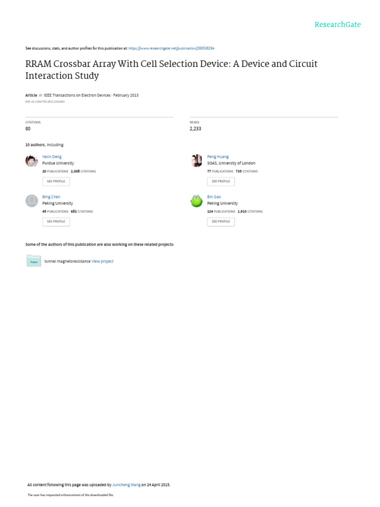 RRAM Crossbar Array With Cell Selection Device: A Device and Circuit Interaction Study | PDF ...