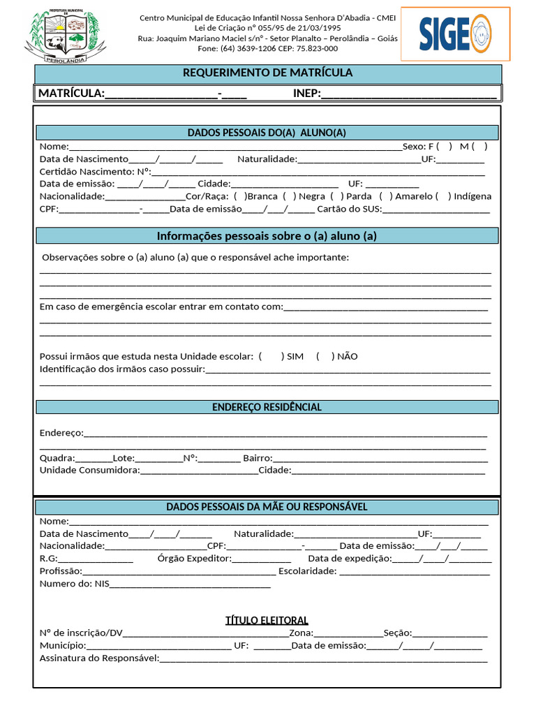 Modelo de ficha de matrícula escolar | PDF | Brasil