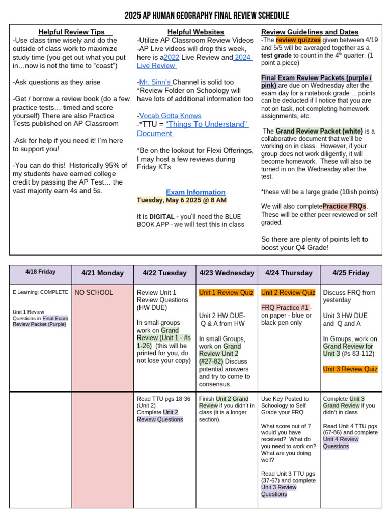 2025 FINAL AP Human Geo Review Schedule | PDF
