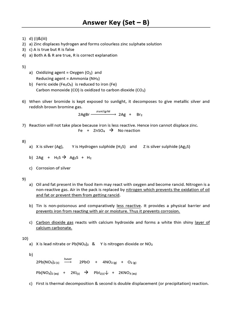 Chemical R&E Test Answer Key (Set - A, B & C) | PDF | Oxide | Silver