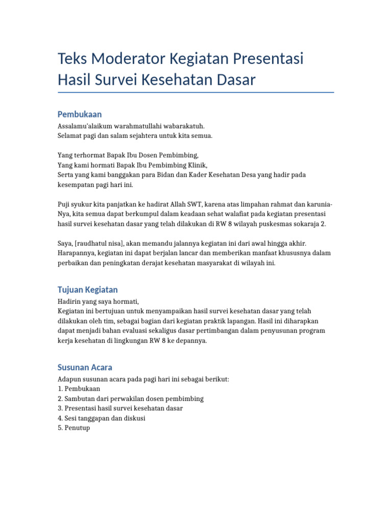 Teks Moderator Survei Kesehatan Desa | PDF