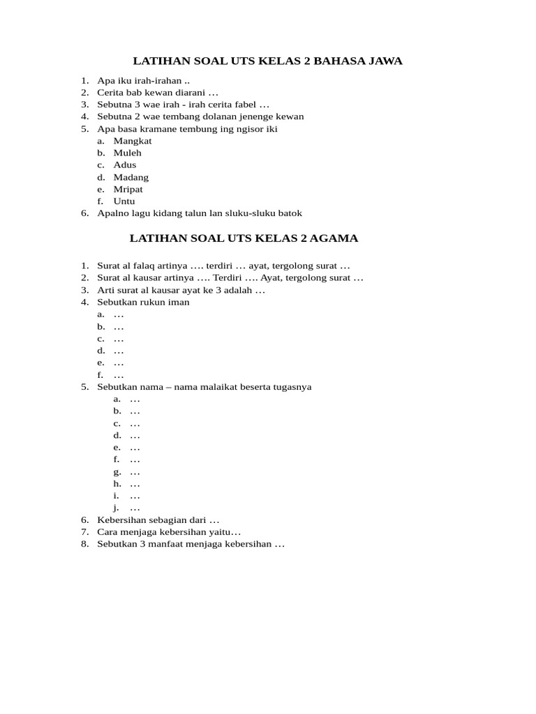 Latihan Soal UTS Kelas 2 Lengkap | PDF