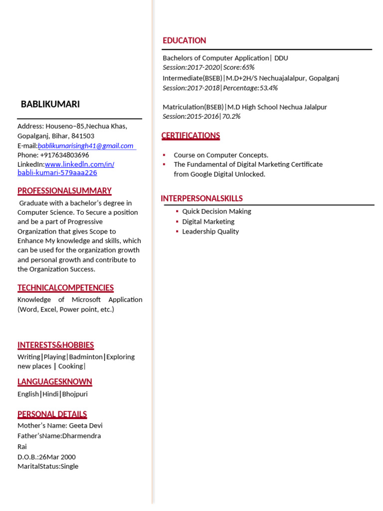 Babli Kumari (Resume) | PDF