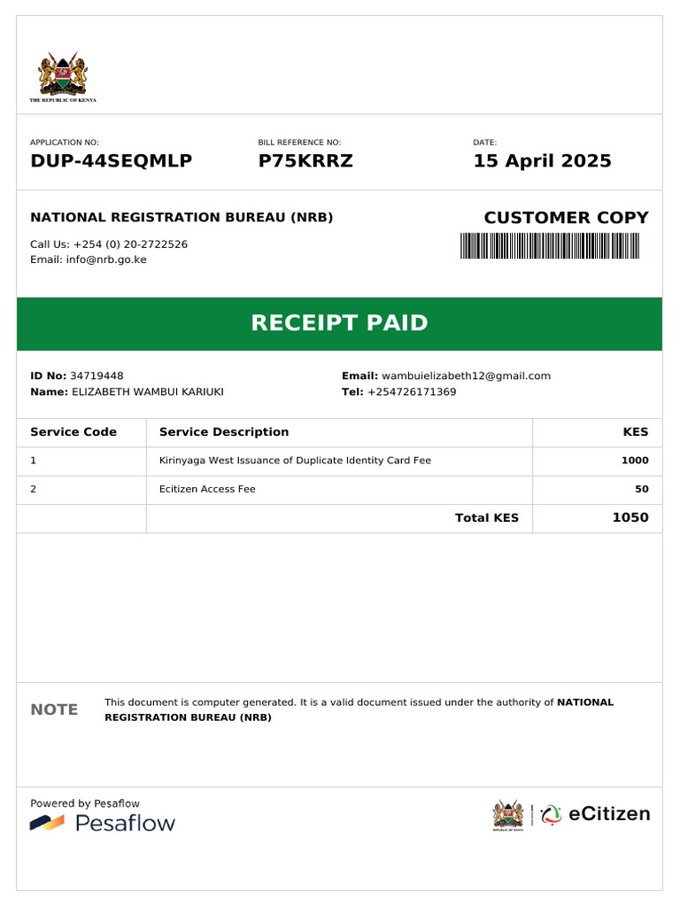 Dup 44seqmlp NRB Receipt | PDF | Identity Document | Access Control