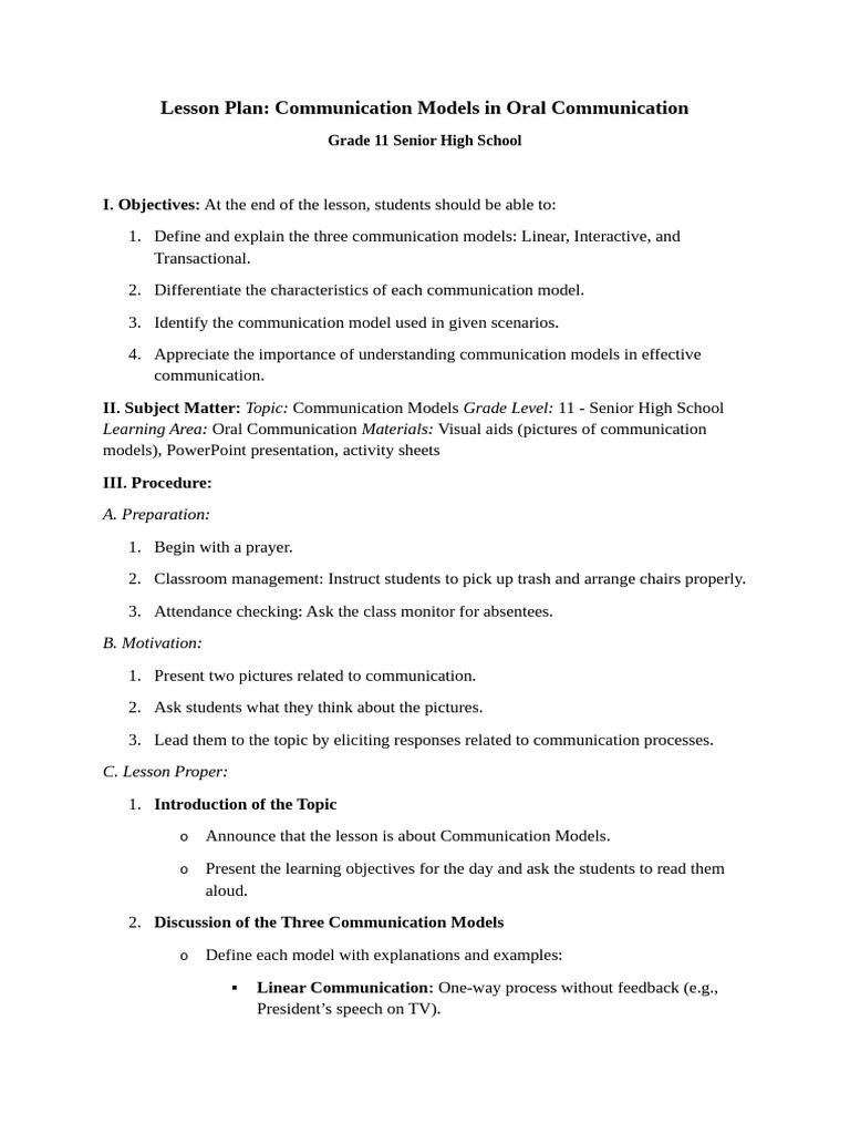 Leson Plan - Teaching Demonstration About Communication Models in Oral ...