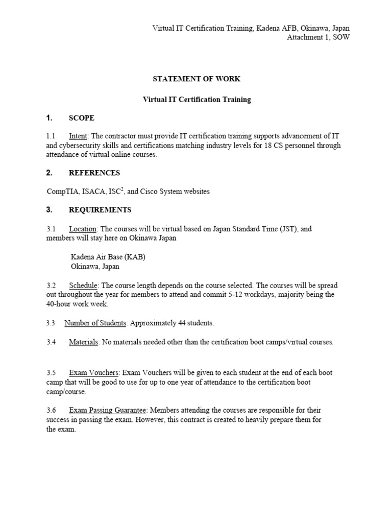 Attachment 1 - Statement of Work For IT Certification Training | PDF ...