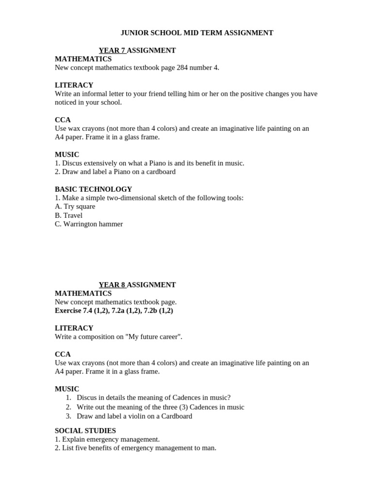 Junior School Mid Term Assignment | PDF