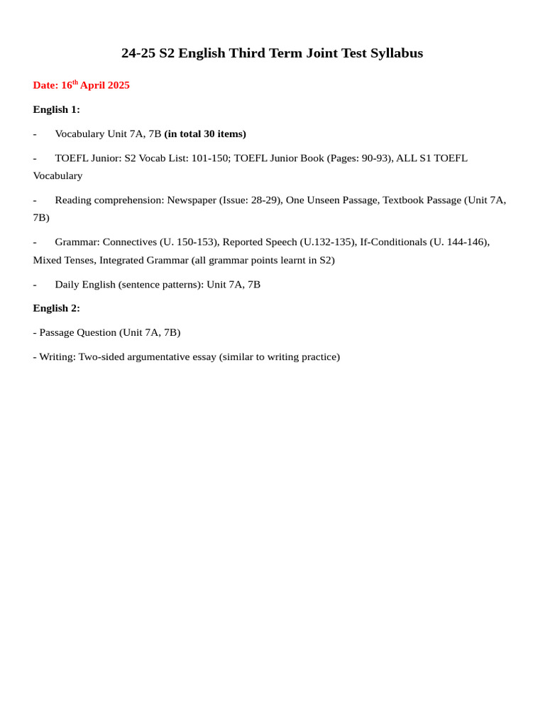 24-25 S2 English Third Term Joint Test Syllabus | PDF