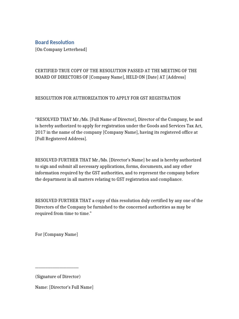 Board Resolution For GST Registration | PDF