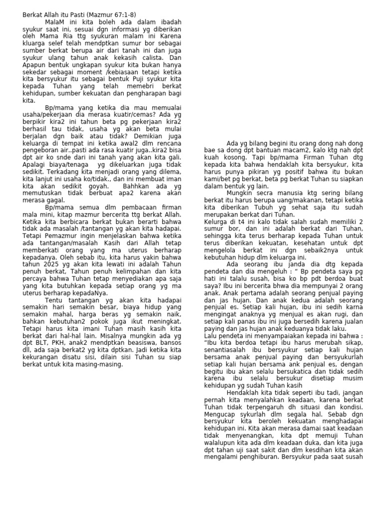 Mazmur 67-1-8 Berkat Allah Itu Pasti (Sumur Bor Dan Ultah) | PDF