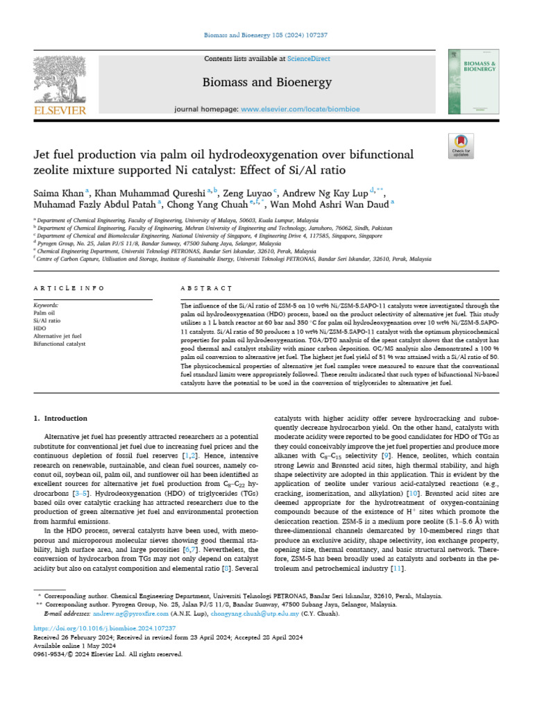 Jet Fuel Production Via Palm Oil Hydrodeoxygenation Over Bifunctional ...