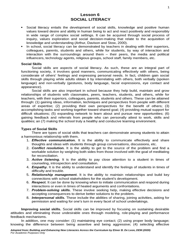Lesson 6 SOCIAL LITERACY | PDF | Empathy | Social Skills
